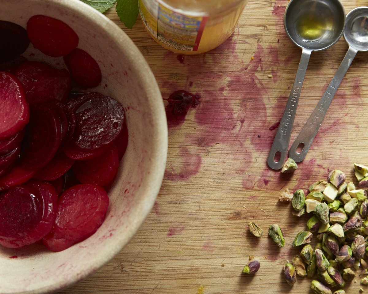 Marinated beet salad with feta, mint and pistachios - Amy Chaplin